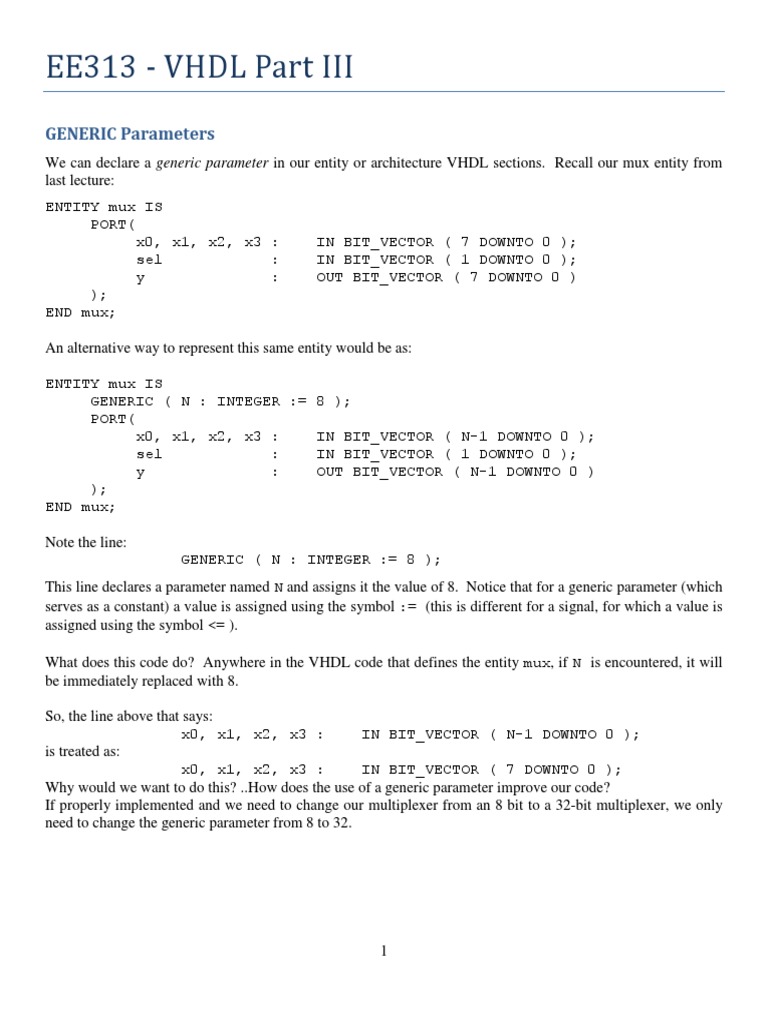 Ee313 Vhdl Part Iii Generic Parameters Pdf Parameter Computer Programming Vhdl