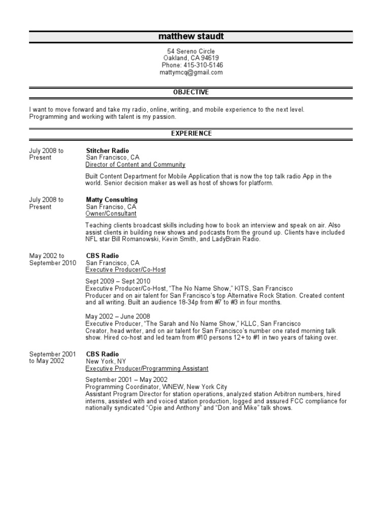 Matty Staudt Resume Oct 2010 | PDF | Talk Radio | West Virginia