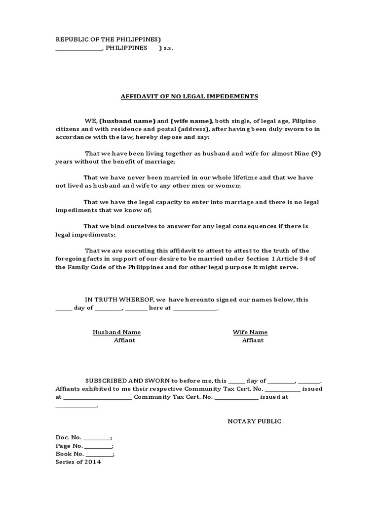 Affidavit of No Legal Impediments | PDF | Affidavit | Legal Documents