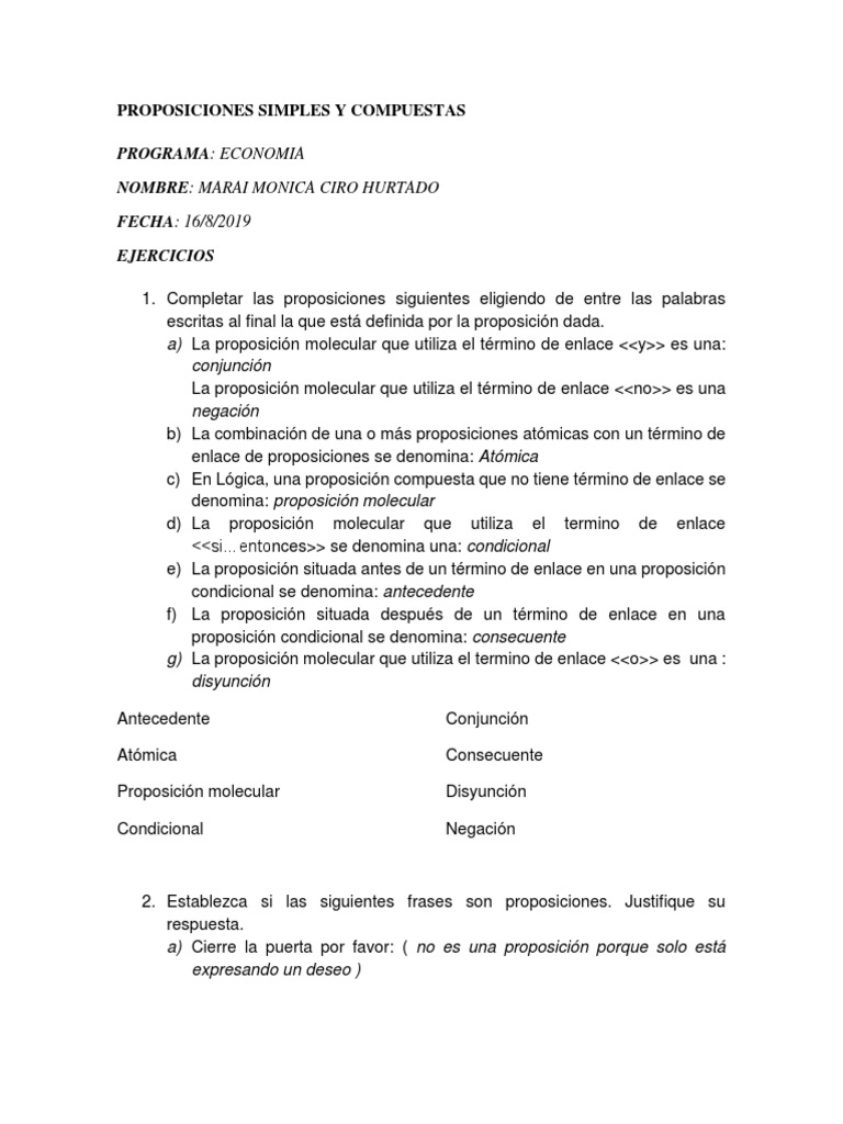 Ejercicios-proposiciones Simples y Compuestas | Proposición | Razonamiento Ejercicios-proposiciones Simples y Compuestas | Proposición | Razonamiento