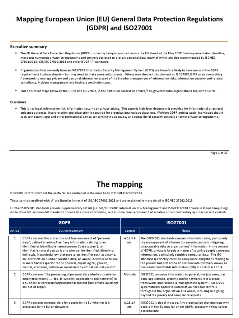 GDPR To ISO 27001 Mapping | PDF | Privacy | Information Security