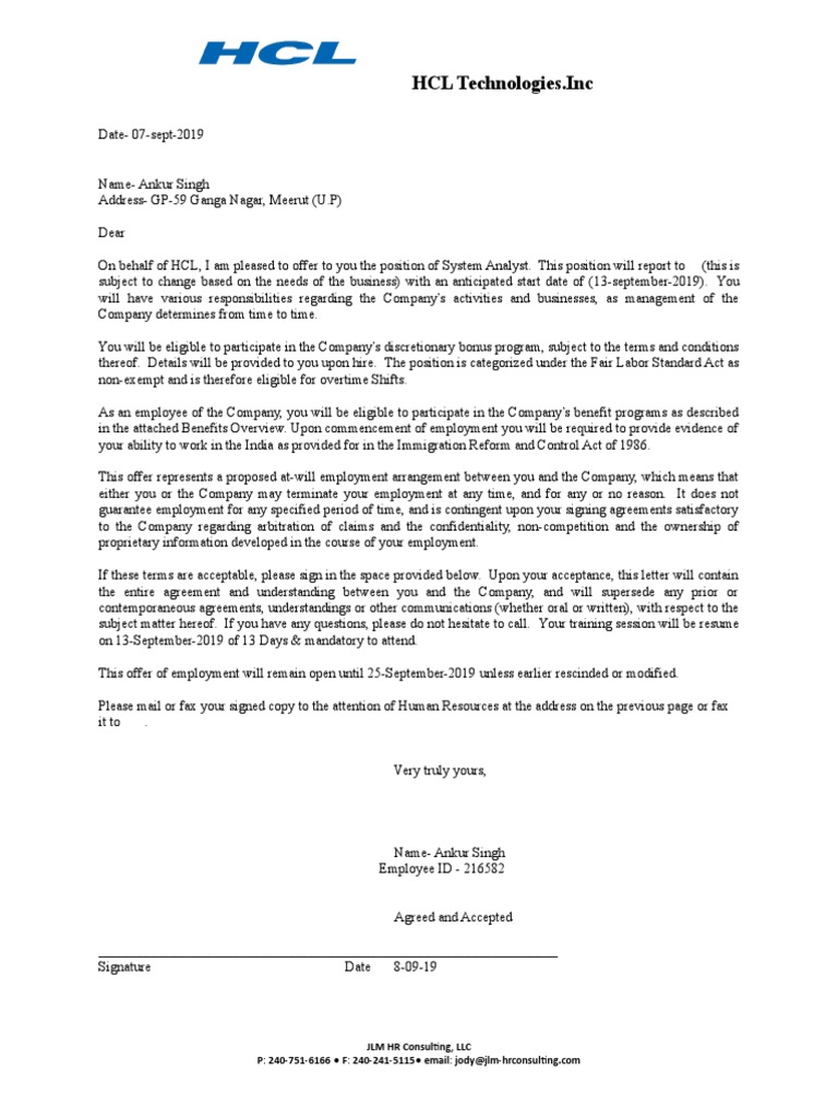 HCL Offer Letter Salaried 1 | Human Resources | Employment