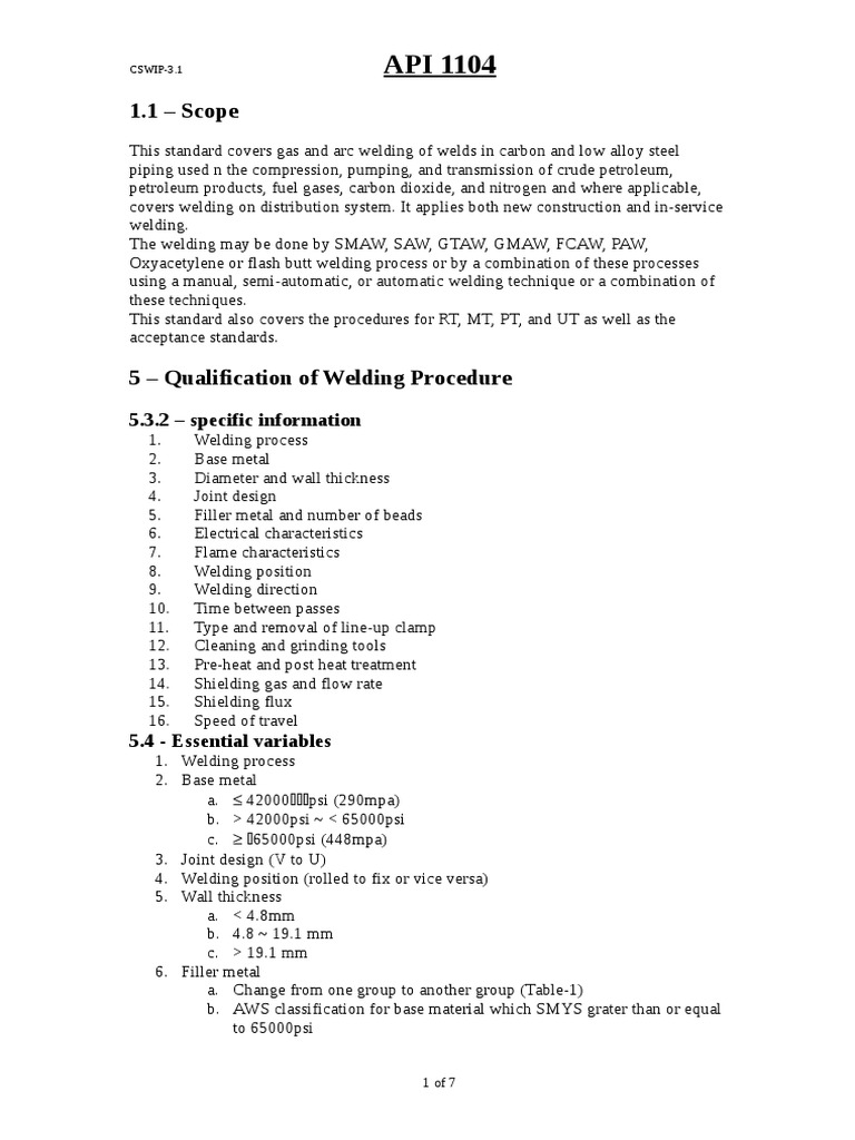 API 1104 Summary | PDF | Welding | Construction