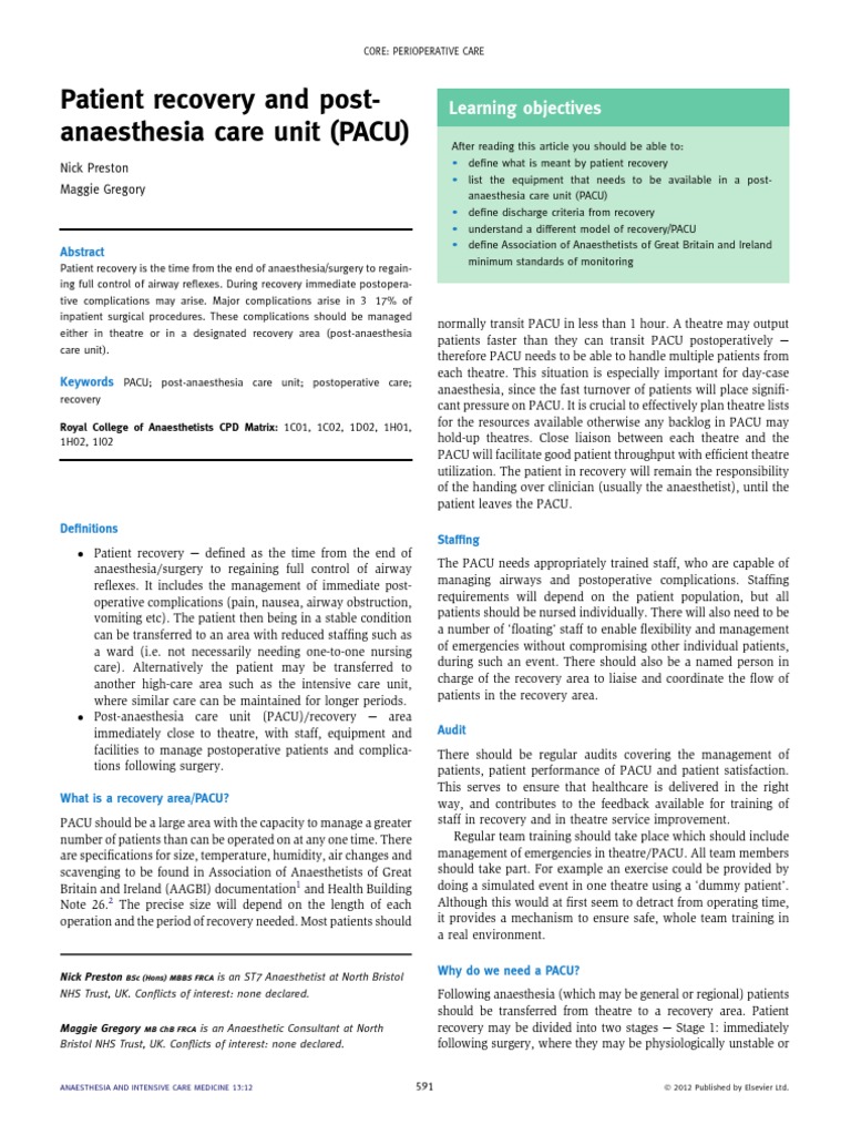 Patient Recovery and Post-Anaesthesia Care Unit (PACU) : Learning ...