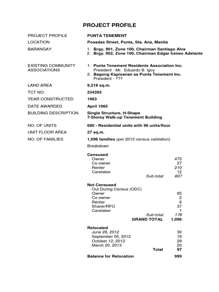 PROJECT PROFILE - Punta Tenement (Final) | PDF