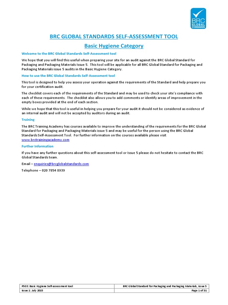 BRC Global Standards Self-Assessment Tool Basic Hygiene Category | PDF ...