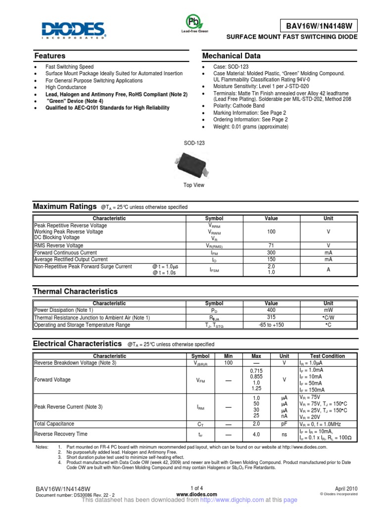 BAV16W/1N4148W: Surface Mount Fast Switching Diode | PDF | Rectifier | Electrical Components