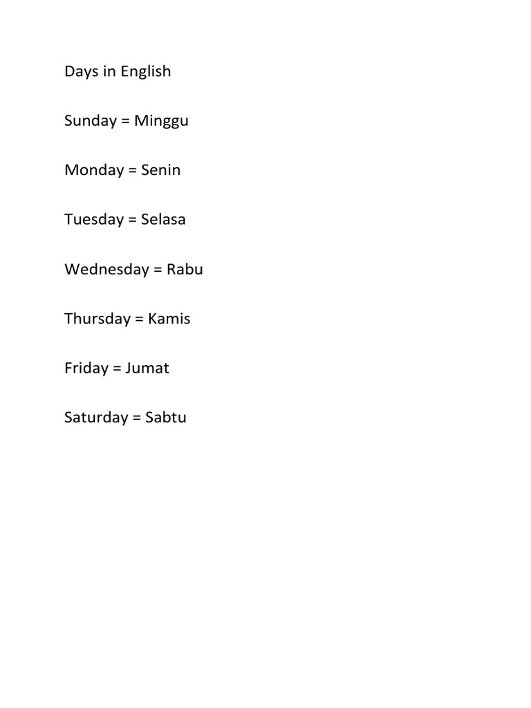 Days in English Sunday Minggu Monday Senin Tuesday Selasa Wednesday ...