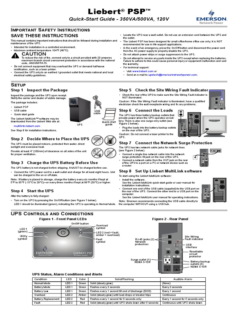 Liebert PSP: Quick-Start Guide - 350VA/500VA, 120V | PDF | Electrical ...