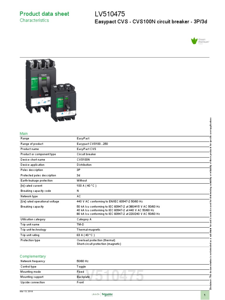 Product Data Sheet: Easypact CVS - CVS100N Circuit Breaker - 3P/3d ...