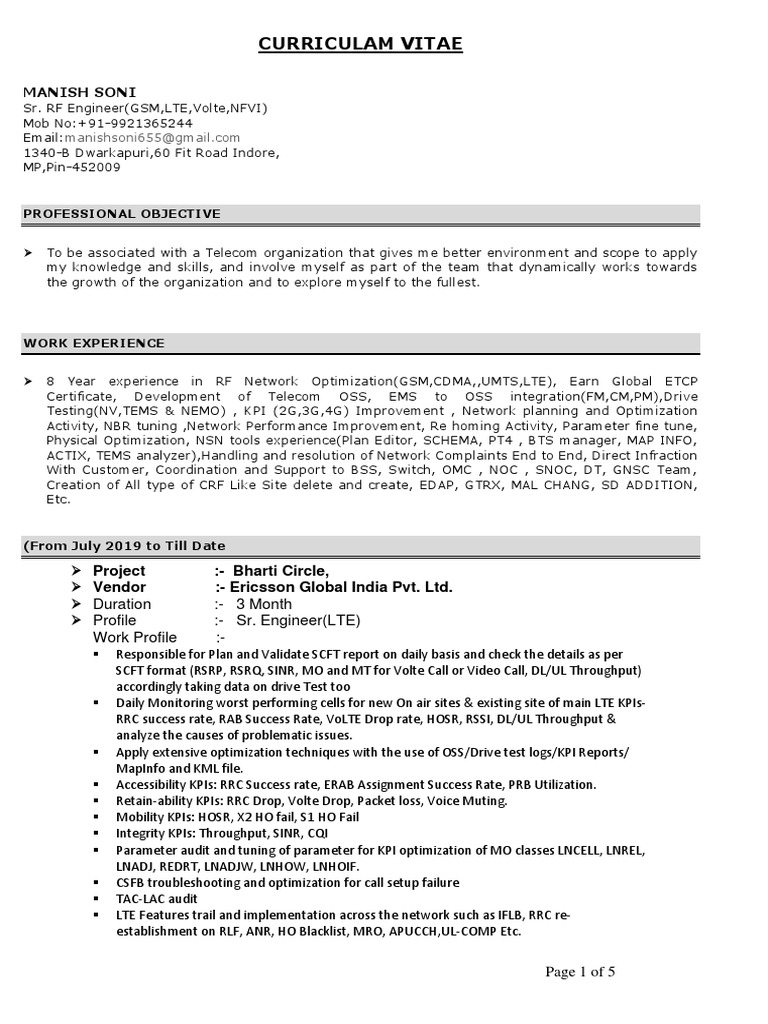 CV Manish - LTE OPtimization-Updated | PDF | 4 G | Lte (Telecommunication)