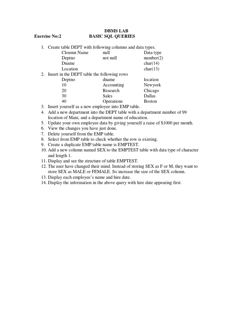 Dbms Lab Exercise No:2 Basic SQL Queries | PDF