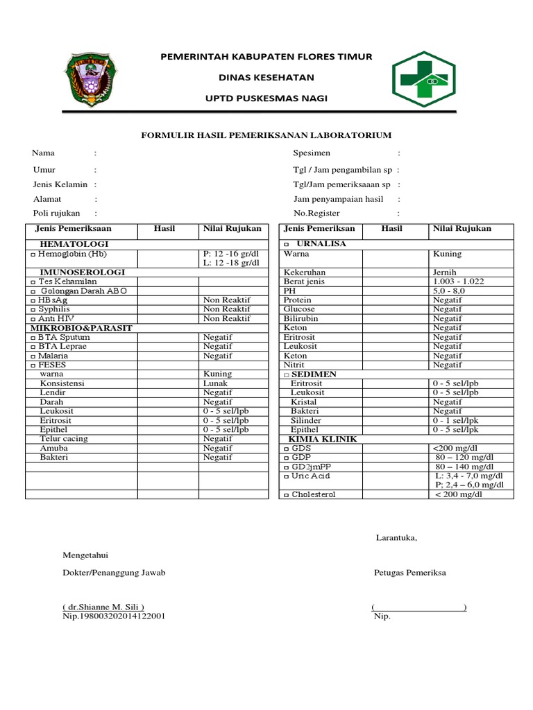 Form Hasil Lab | PDF | Chemistry | Clinical Medicine