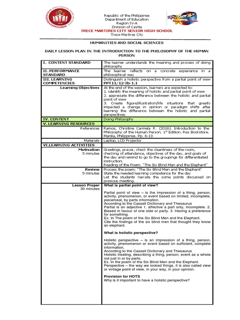 Holistic vs. Partial Perspectives in Philosophy | PDF | Lesson Plan ...