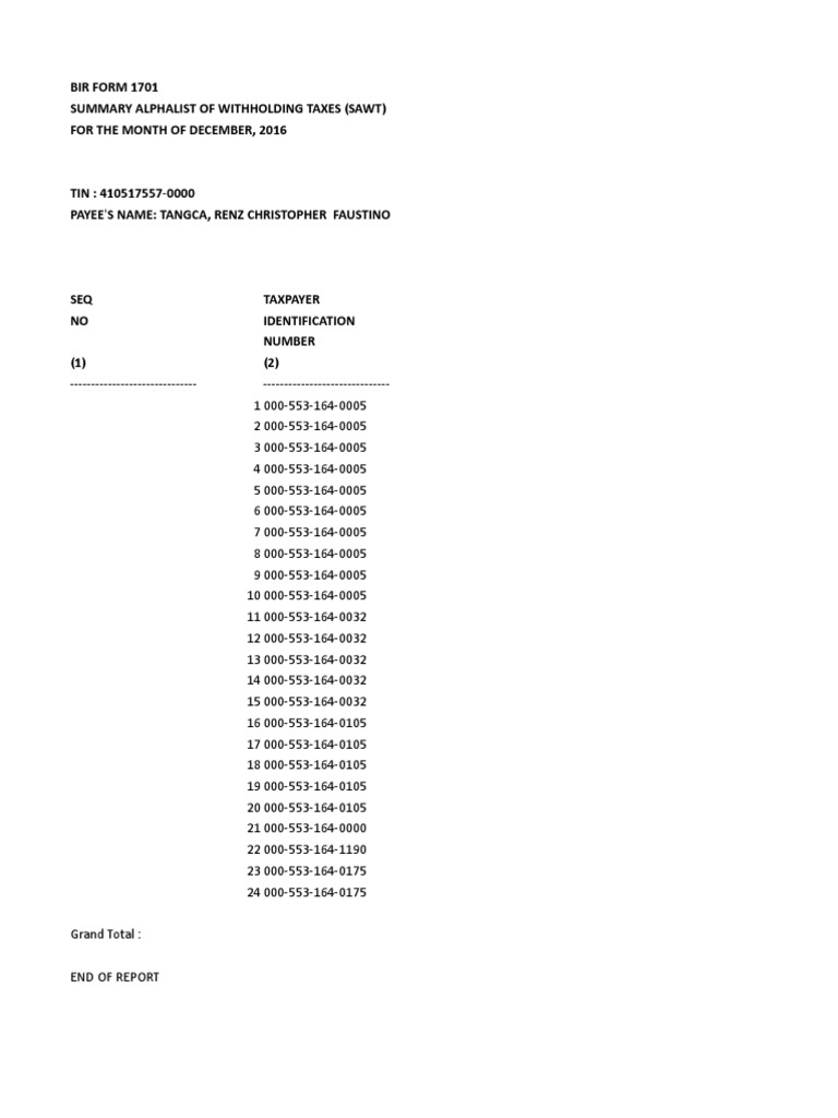 Bir Form 1701 Summary Alphalist of Withholding Taxes (Sawt) For The ...