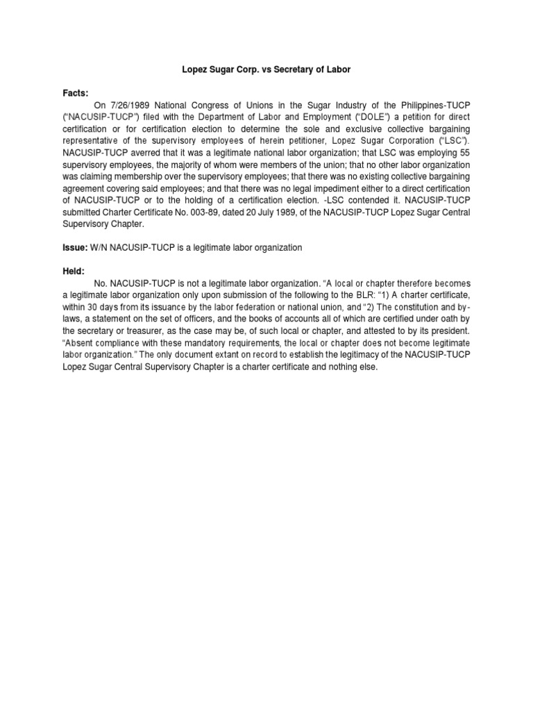 Lopez Sugar Corp. vs. Secretary of Labor - Digest | PDF