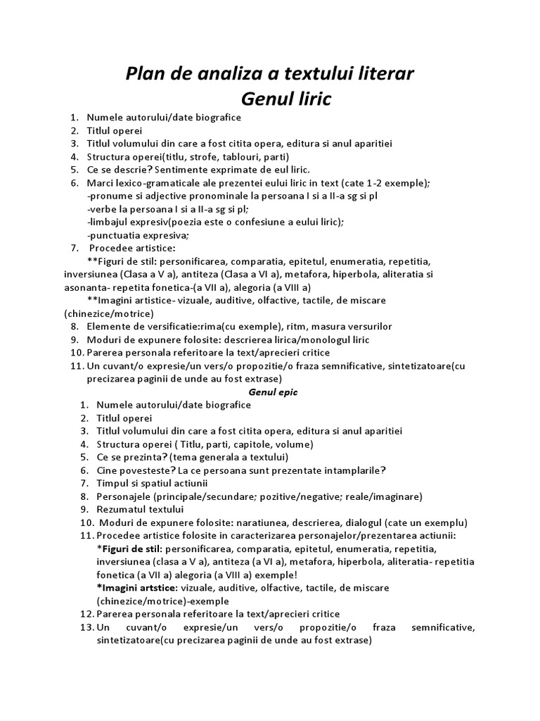 Plan de Analiza A Textului Literar | PDF