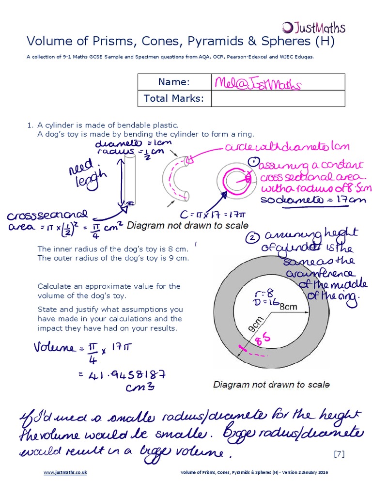 Geometry H Volume of Prisms Cones Pyramids and Spheres v2 SOLUTIONS ...