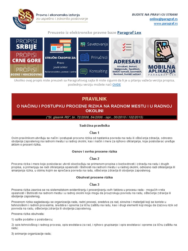 Pravilnik o Nacinu I Postupku Procene Rizika Na Radnom Mestu I U Radnoj Okolini 2015 | PDF