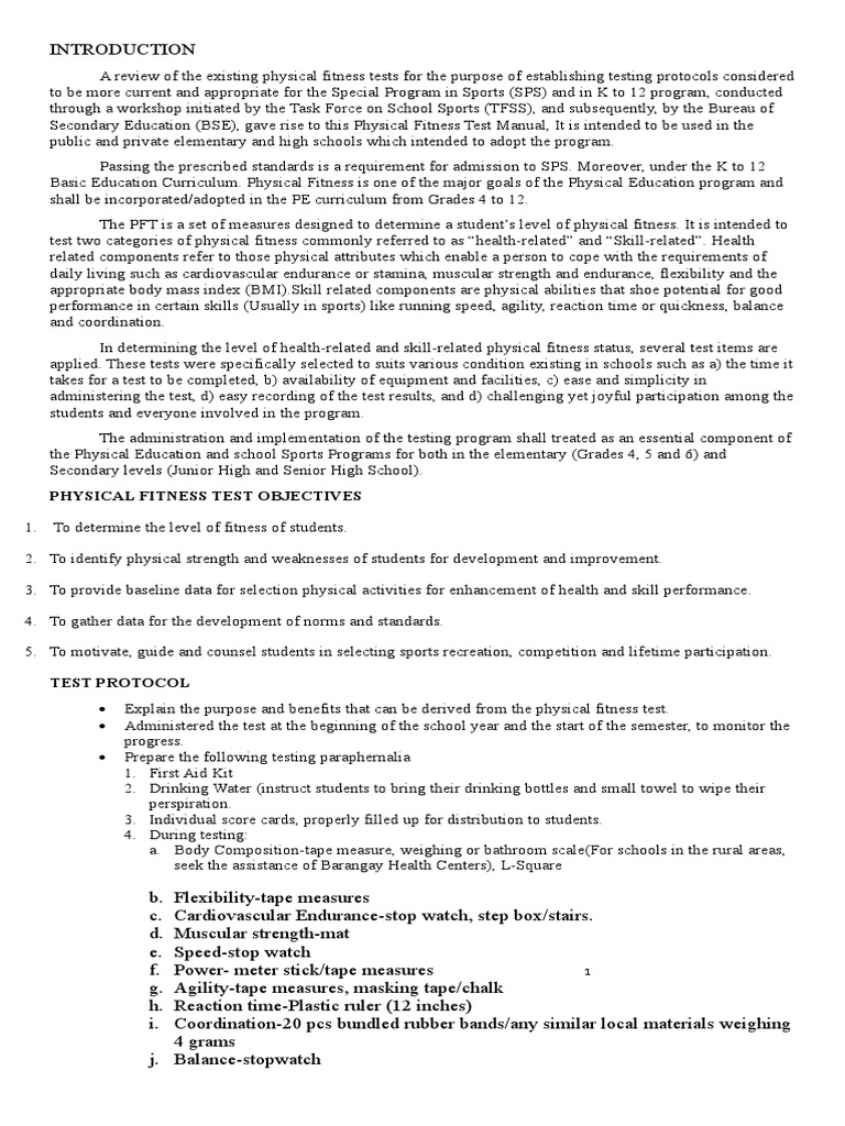 Physical Fitness Test Objectives | PDF | Nature