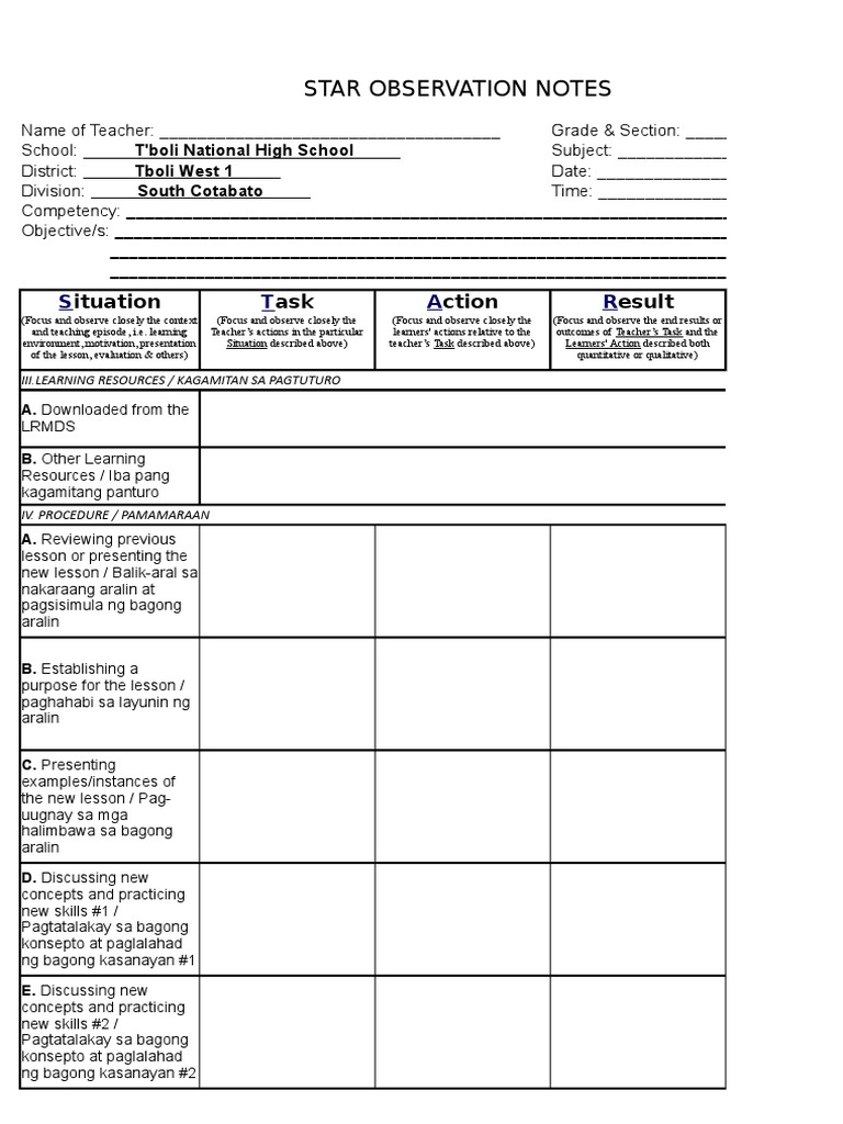 STAR Observation Notes | PDF | Educational Assessment | Educational ...
