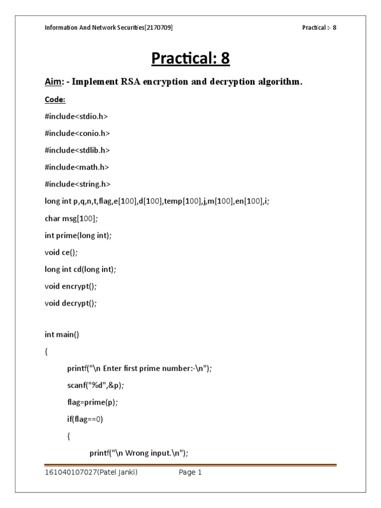 Practical: 8: Aim: - Implement RSA Encryption and Decryption Algorithm ...