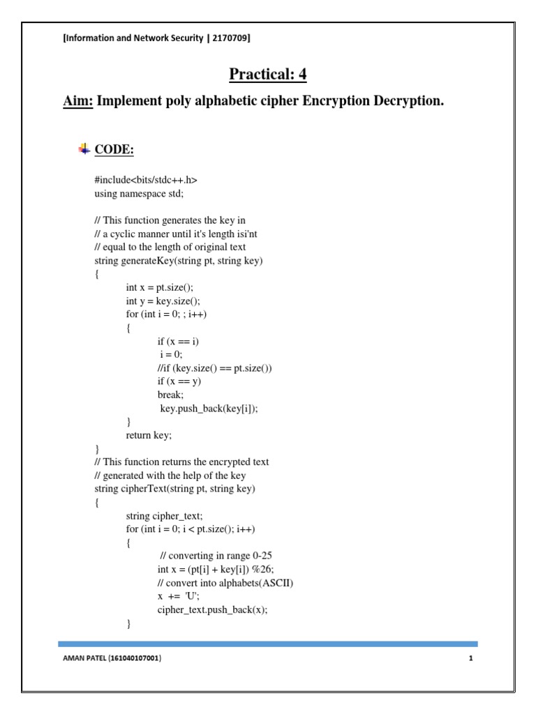Practical: 4: Aim: Implement Poly Alphabetic Cipher Encryption Decryption | PDF | Key ...