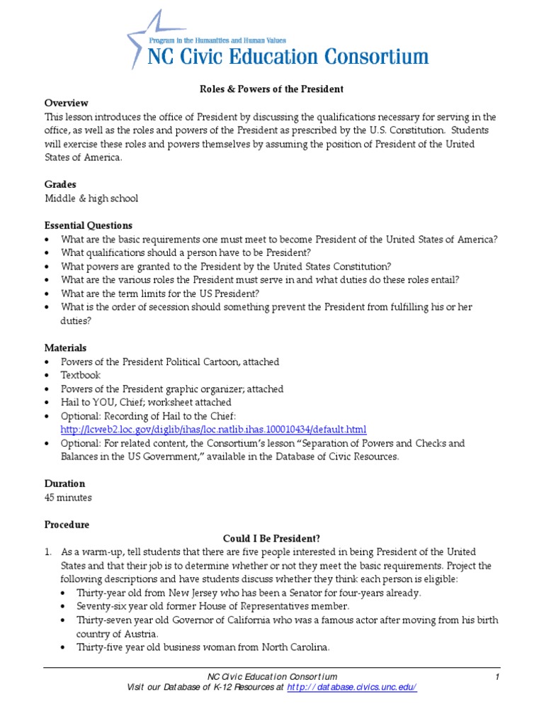Roles & Powers of the President Lesson | PDF | Presidents Of The United ...