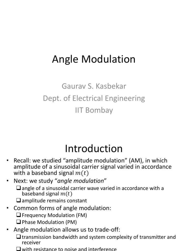 Angle Modulation: Gaurav S. Kasbekar Dept. of Electrical Engineering IIT Bombay | PDF ...