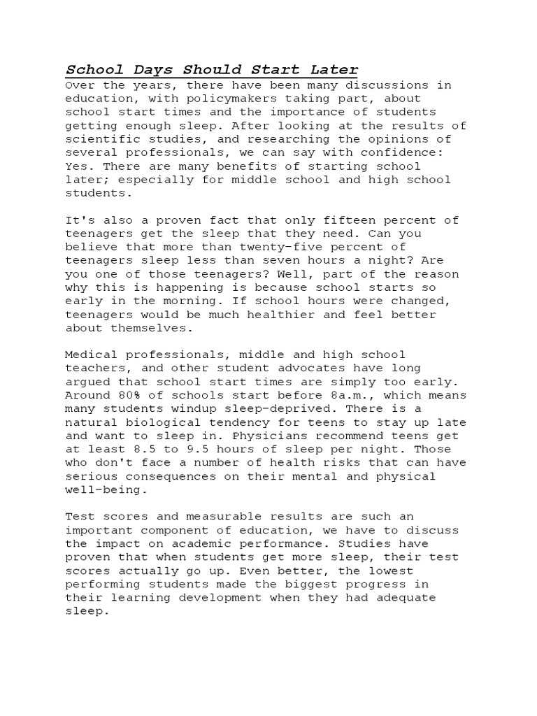School Days Should Start Later | PDF | Sleep | Sleep Deprivation