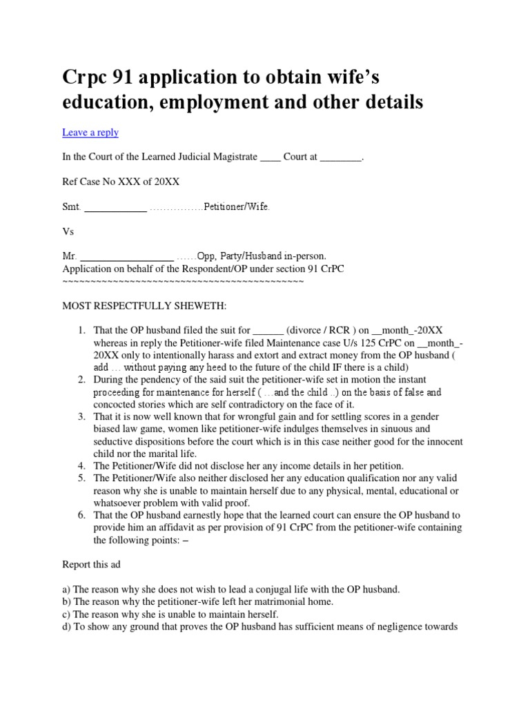 CRPC 91 Application To Obtain Wife Details | PDF | Lawsuit | Public Law