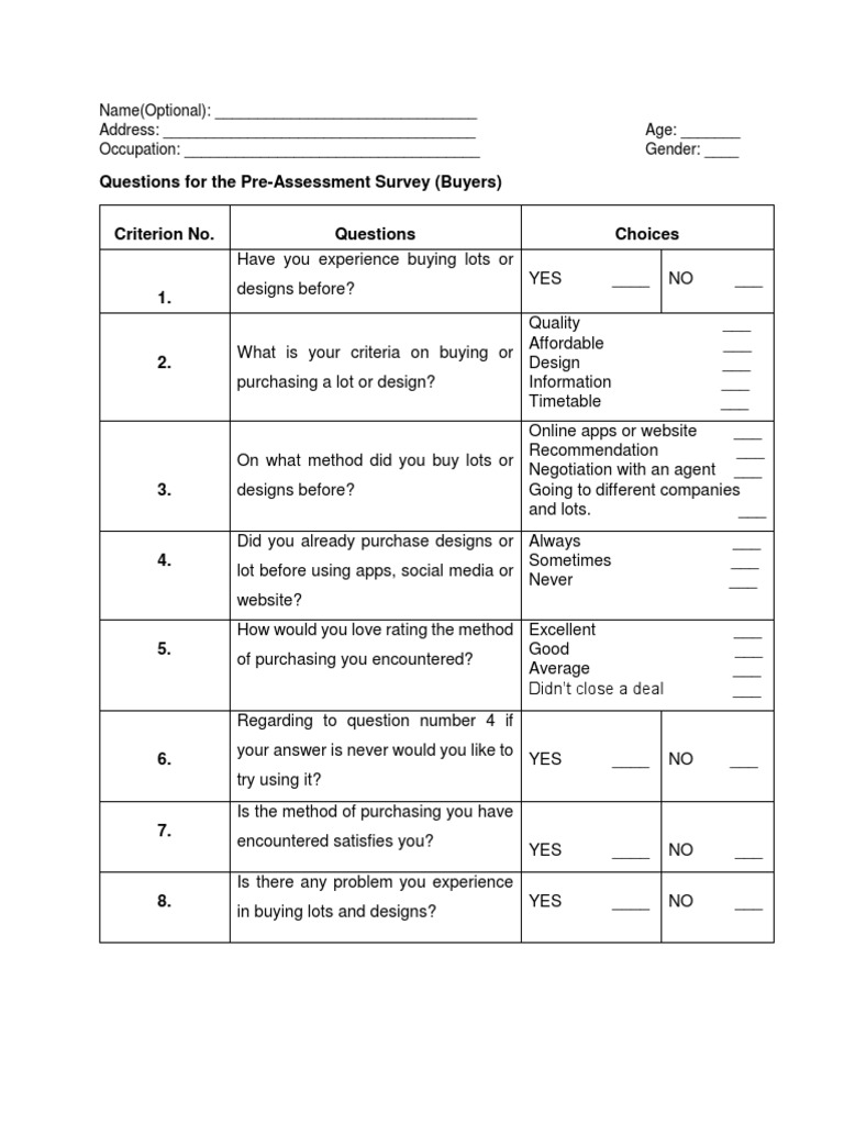 Questions For The Pre-Assessment Survey (Buyers) | PDF | Business ...