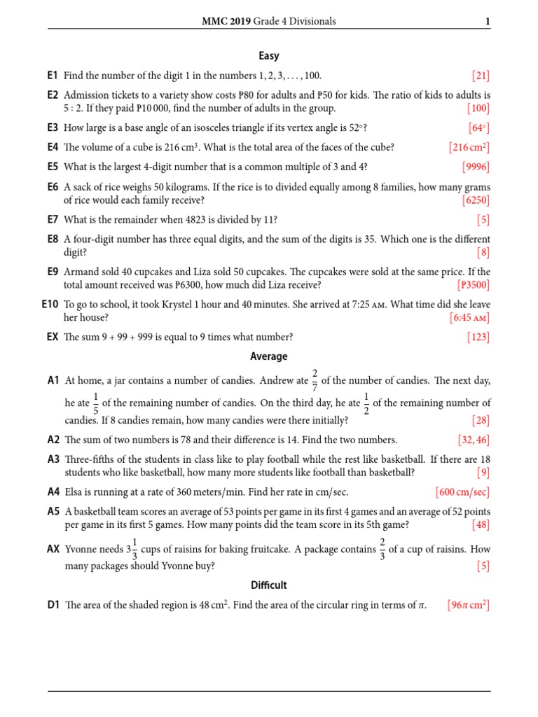 2019 Grade 4 Math Challenge Division Finals Questions and Answers | PDF ...