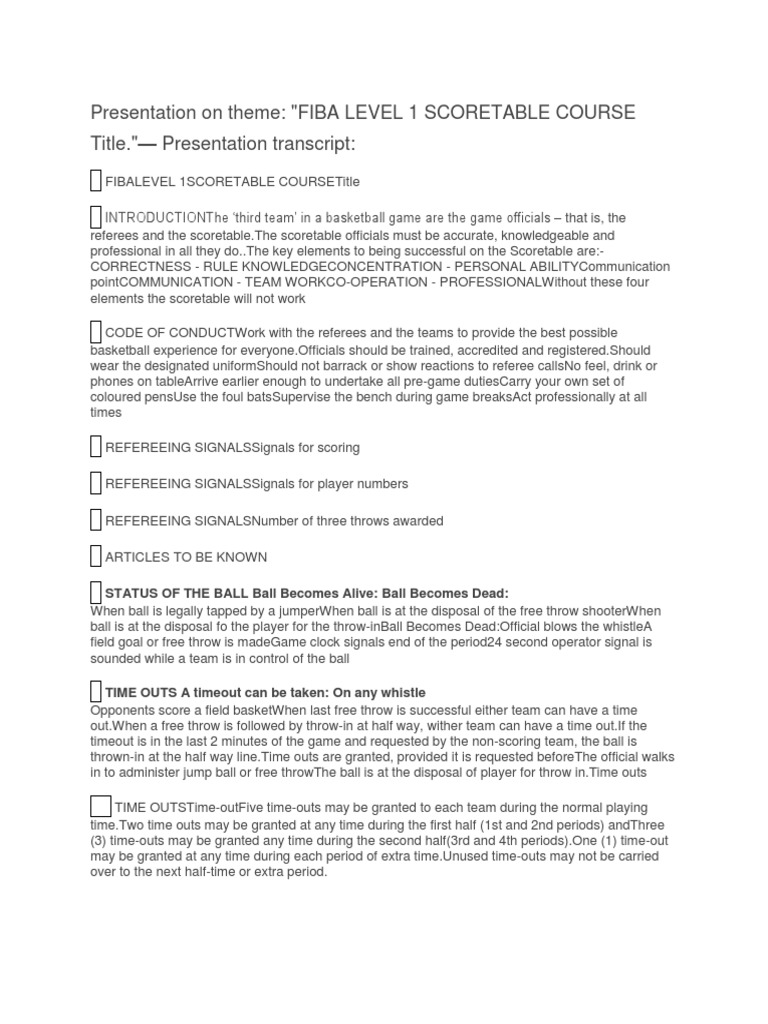 Presentation On Theme: "FIBA LEVEL 1 SCORETABLE COURSE Title ...
