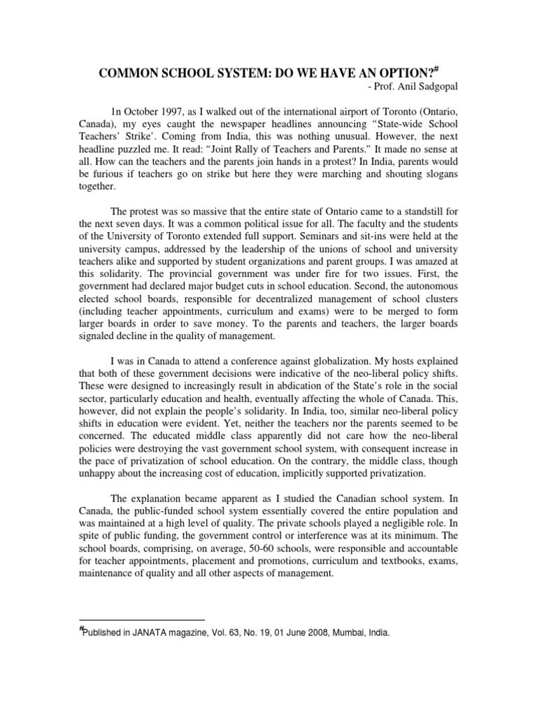 Common School System: Do We Have An Option?: Published in JANATA ...