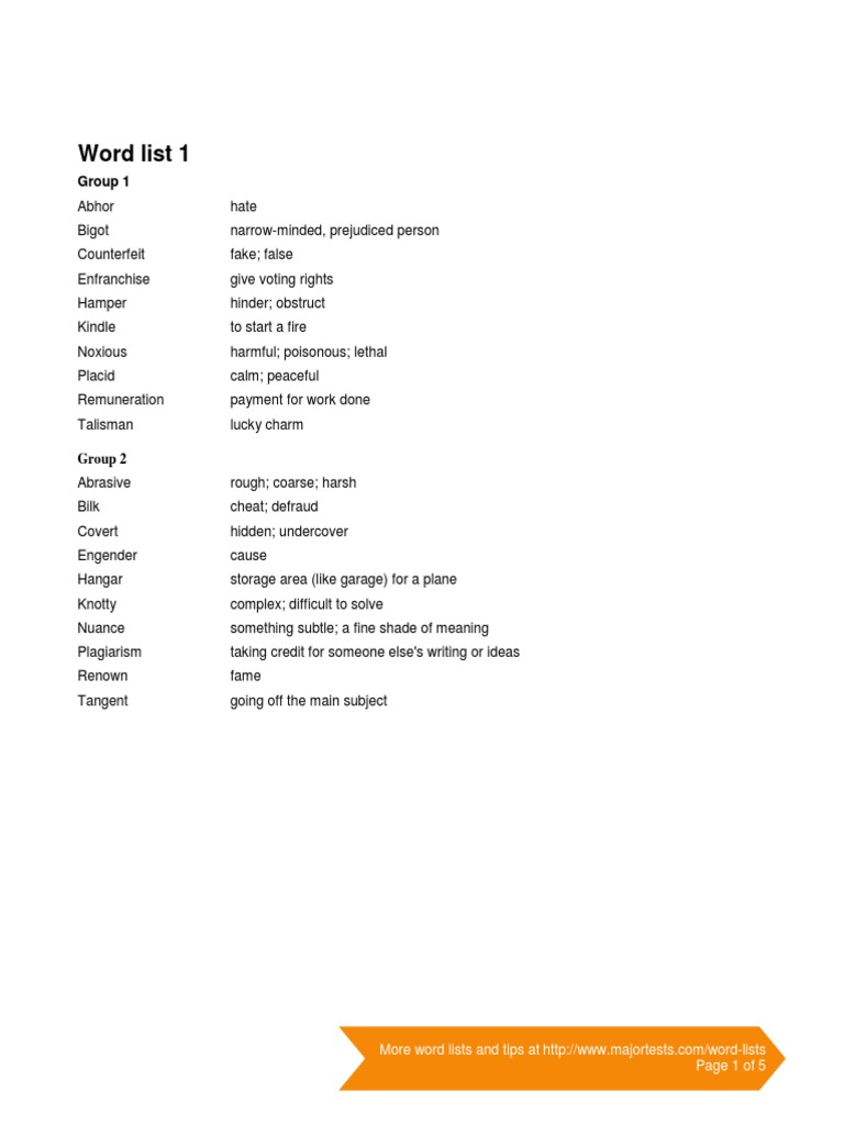 Word List 1: Group 1 | PDF