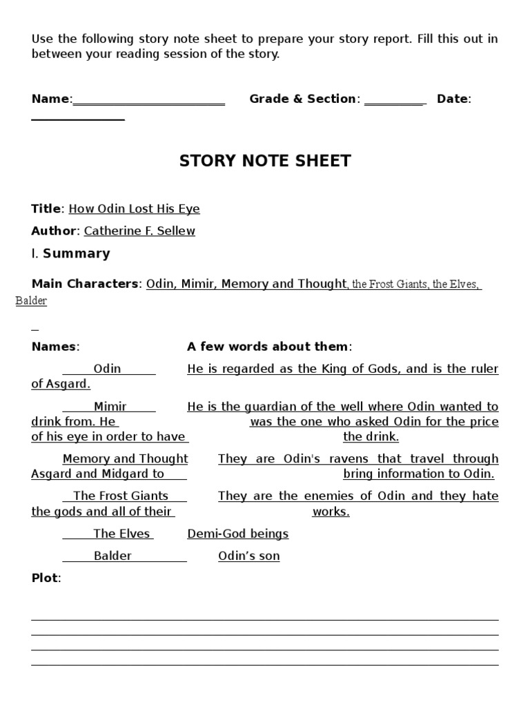 How Odin Lost His Eye: Story Note Sheet | PDF | Odin | Germanic Mythology