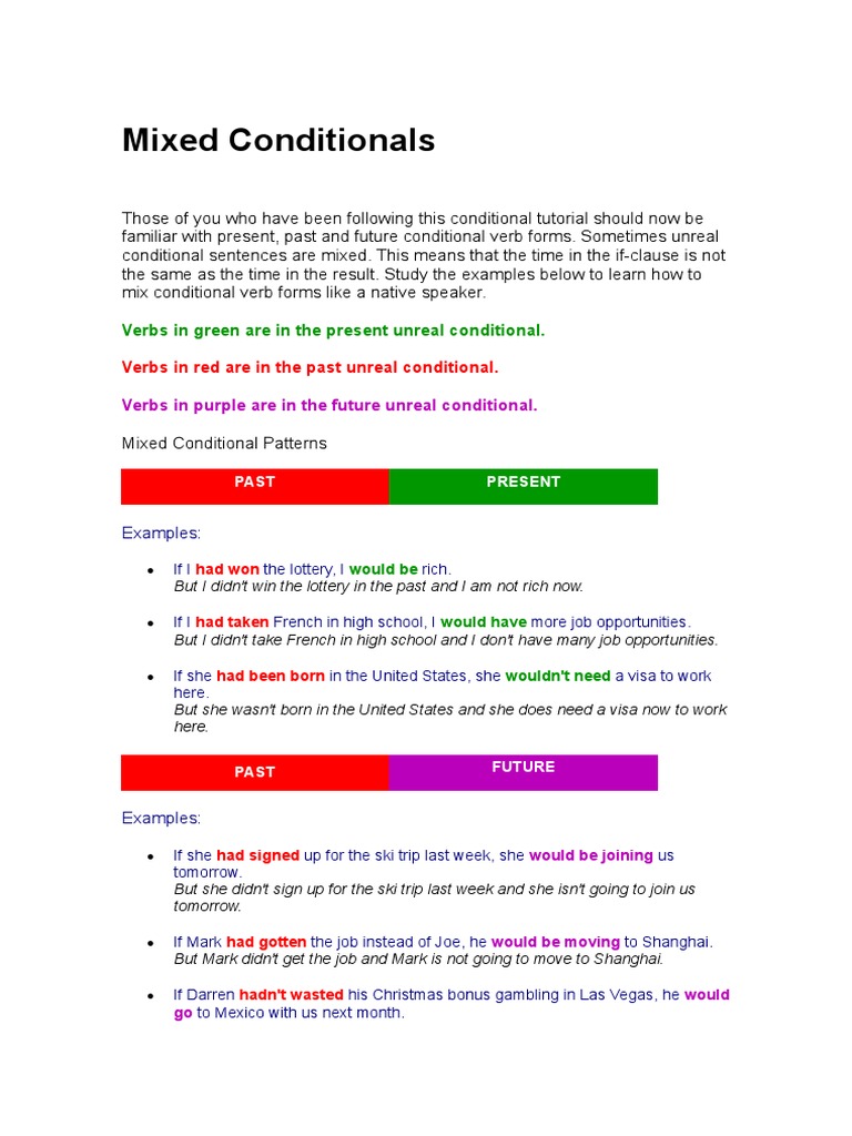Mixed Conditionals: Verbs in Green Are in The Present Unreal Conditional | PDF | Morphology ...