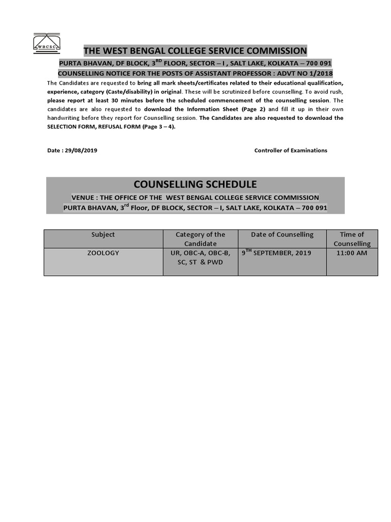 Counselling Schedule: The West Bengal College Service Commission | PDF ...