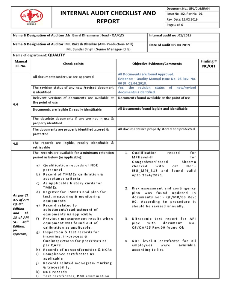 Internal Audit Checklist And: Quality | Download Free PDF ...