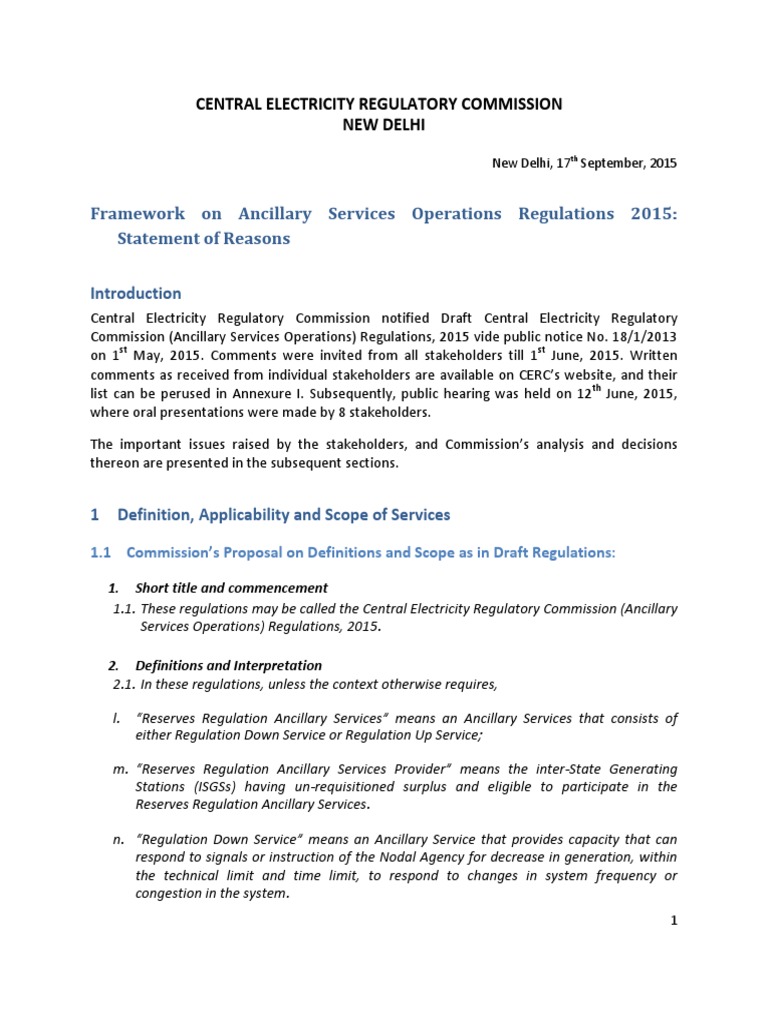 Framework On Ancillary Services Operations Regulations 2015: Statement ...