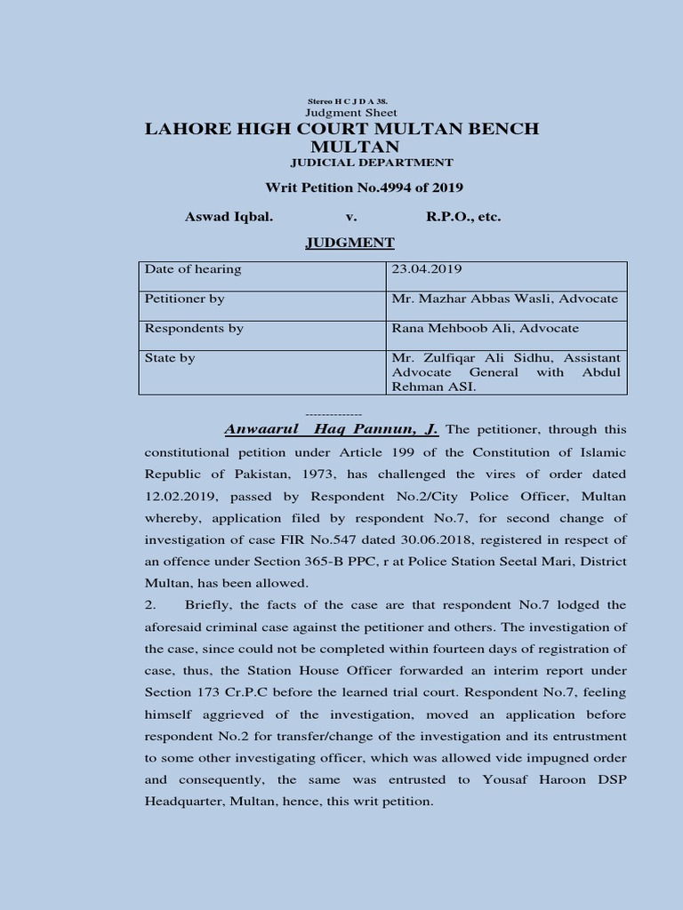 Lahore High Court Multan Bench Multan: Writ Petition No.4994 of 2019 ...
