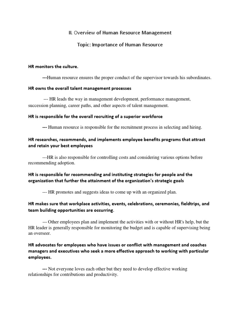 II. Overview of Human Resource Management Topic: Importance of Human ...