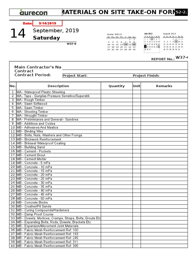 Materials On Site Take-On Form | PDF | Concrete | Deep Foundation