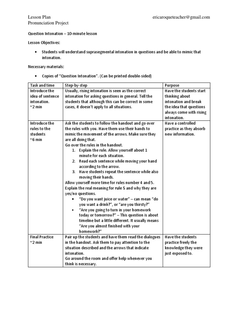 Lesson Plan Pronunciation Project | PDF | Question | Human Communication