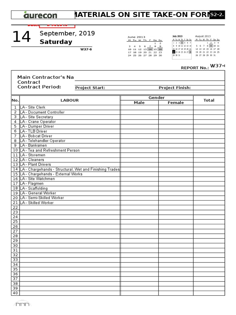 Materials On Site Take-On Form: Saturday | PDF