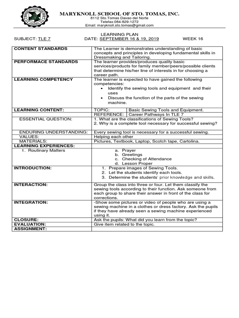 Maryknoll School of Sto. Tomas, Inc.: Content Standards | PDF | Sewing ...