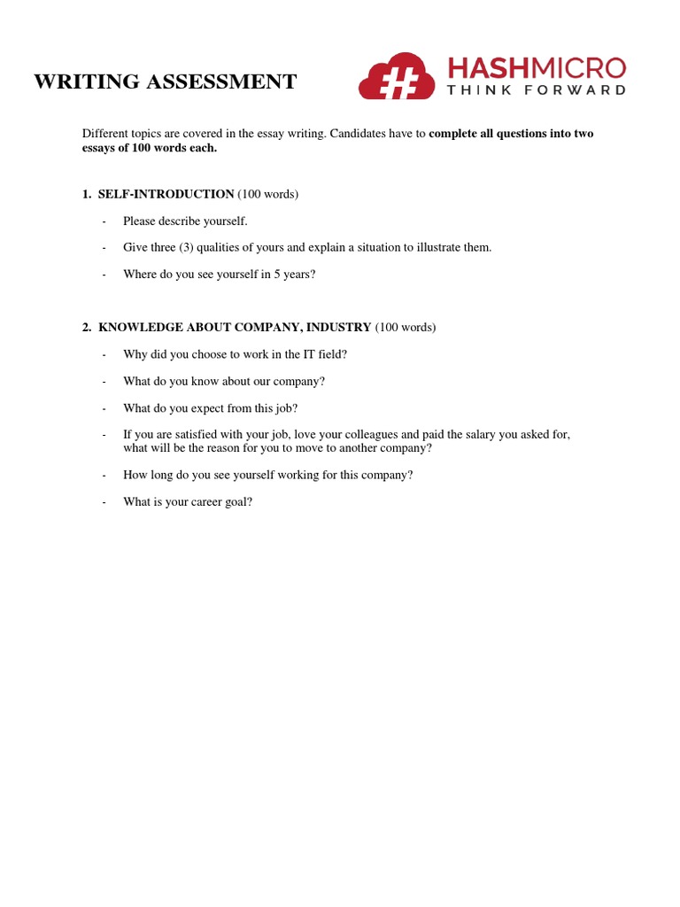 Writing Assessment: Essays of 100 Words Each | PDF | Career & Growth ...