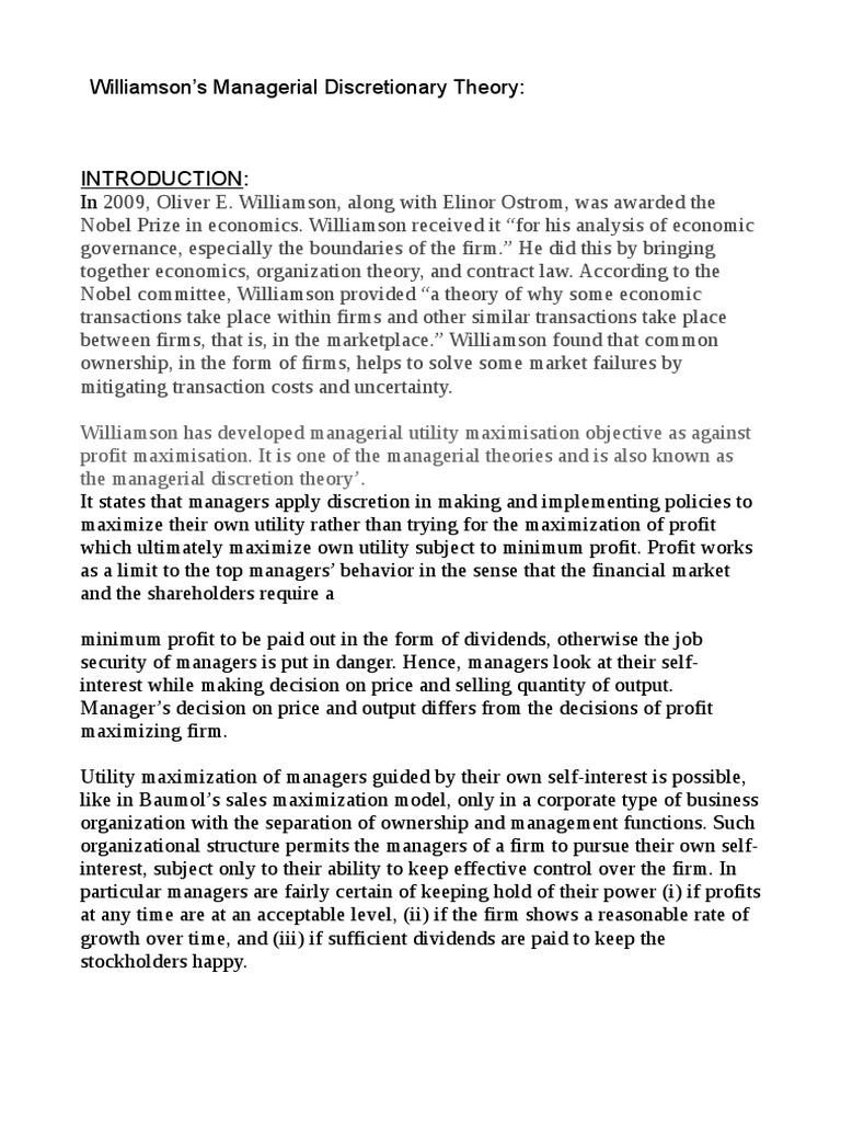 Williamson Theory | PDF | Profit (Economics) | Economic Equilibrium
