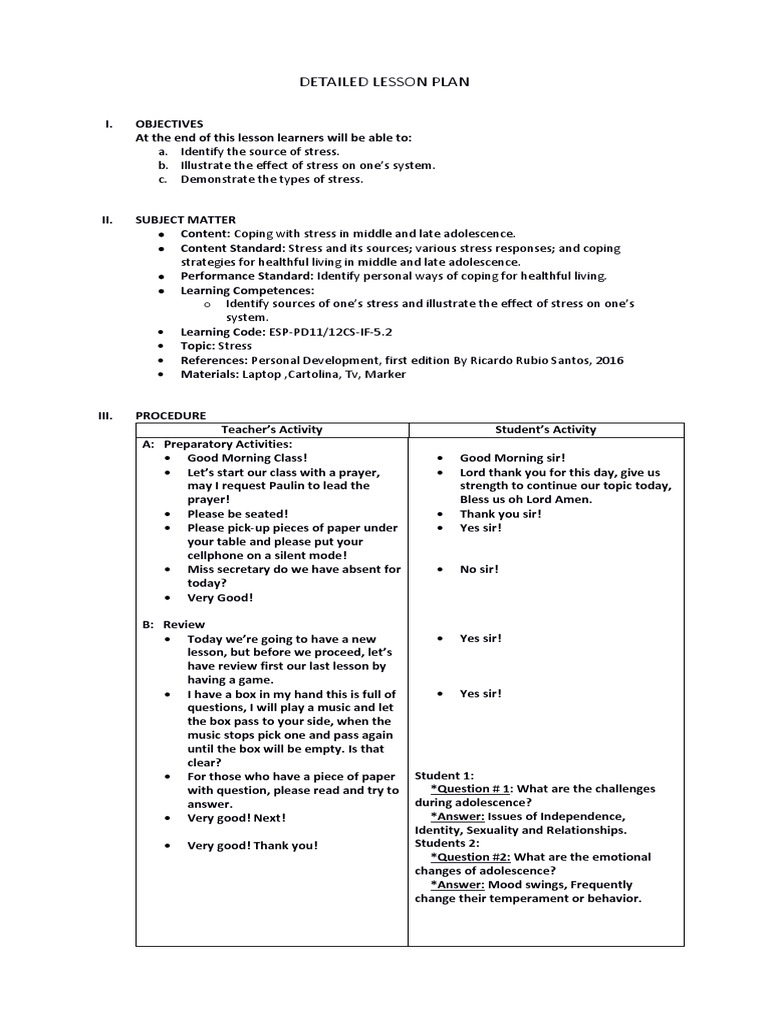 Daily Lesson Plan Stress | Stress (Biology) | Self-Improvement